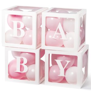 voircoloria baby shower decorations, 4pcs transparent balloon boxes with letters, 36pcs pink & white balloons, reusable, unisex, for gender reveal party