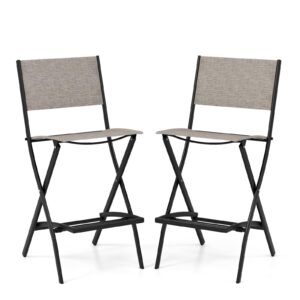 costway outdoor patio bar chair set of 2, folding bar height stool with metal frame & footrest, patio bar stool for balcony, garden & poolside (2, coffee)