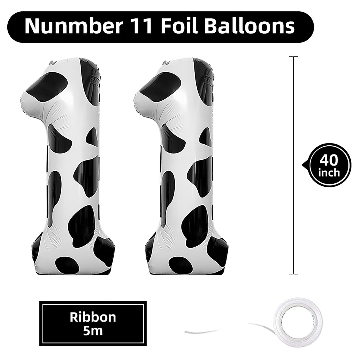 YFHVJTKO 40 Inch Cow Number 11 Foil Balloons 11 Celebration Decorations for Happy 11th Birthday Party Wedding Bridal Shower Engagement Photo Shoot Anniversary Decoration, Number 11 Black White Balloon