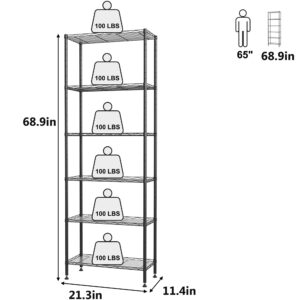 HOMEFORT 6-Shelving Unit, Adjustable Wire Shelving, Metal Wire Shelf with Shelf Liners and Hooks for Kitchen, Closet, Bathroom, Laundry, Black,21" W x 11" D x 69" H