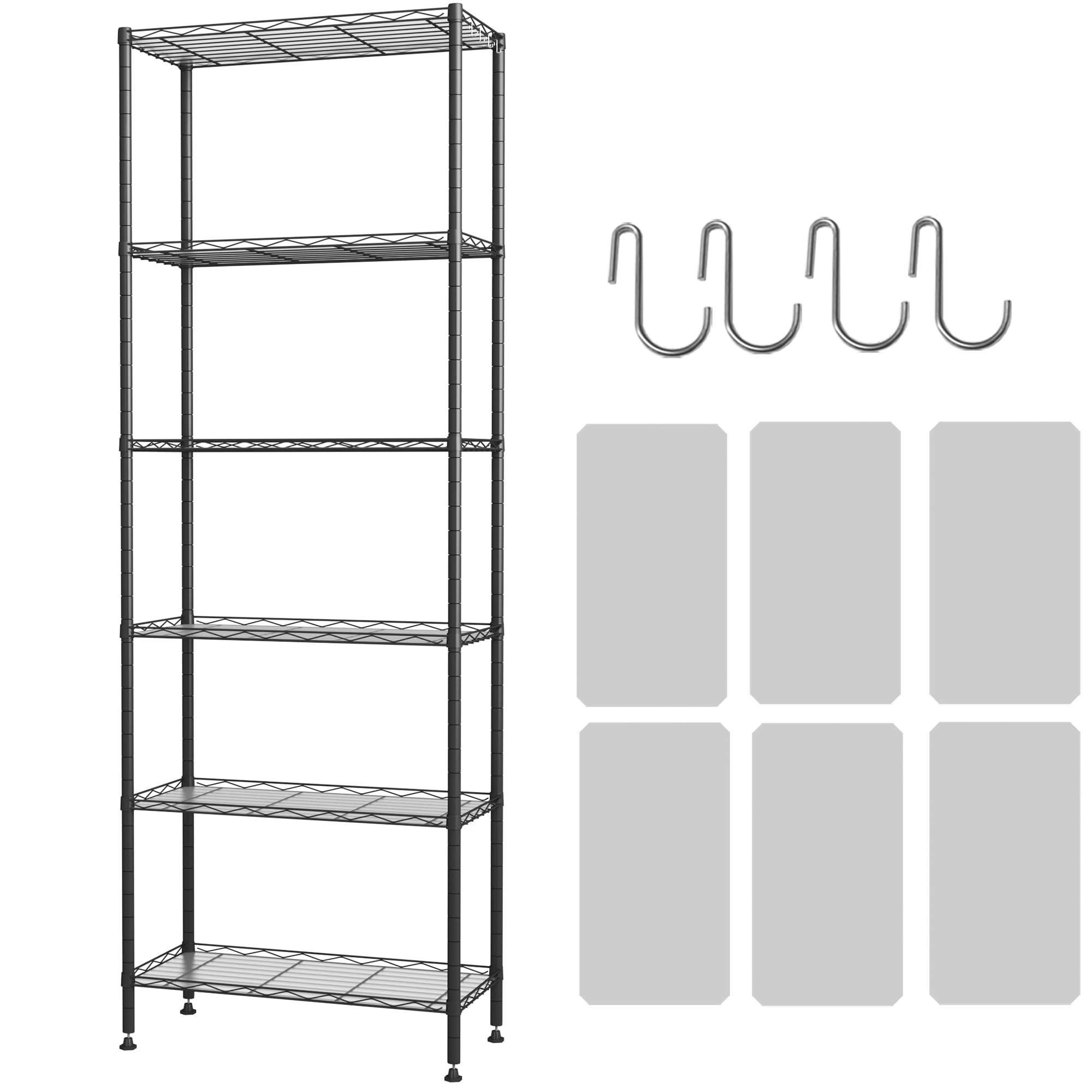 HOMEFORT 6-Shelving Unit, Adjustable Wire Shelving, Metal Wire Shelf with Shelf Liners and Hooks for Kitchen, Closet, Bathroom, Laundry, Black,21" W x 11" D x 69" H