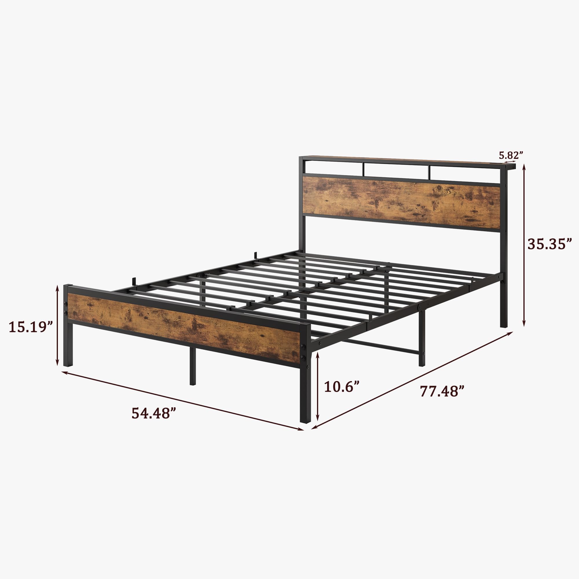 ZGEHCO Full Size Bed Frame with Headboard Storage,Wood Bed Frame with Charging Station,Platform Bed Frame Full Mattress Foundation No Box Spring Needed,Heavy Duty Steel Slat,Black&Brown Oak