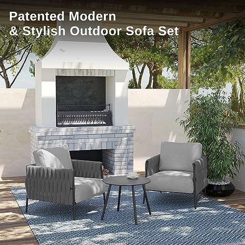 EAST OAK Life Chatter 3-Piece Patio Bistro Set, 2 Armchairs with Thick Cushion & Coffee Table，Deep Seating Patio Furniture for Garden Porch Balcony, Earth Black & Misty Grey