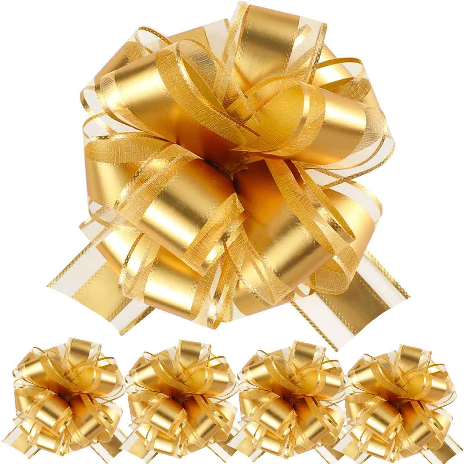 We Moment 5 PCS 7 inches Large Pull Bows Wrapping Pull Bow Ribbon，Gold Gift Wrap Bows for Gift Wrapping Baskets Wedding or Flower Decorations, Valentine's Day Christmas Birthday Gift Decorations