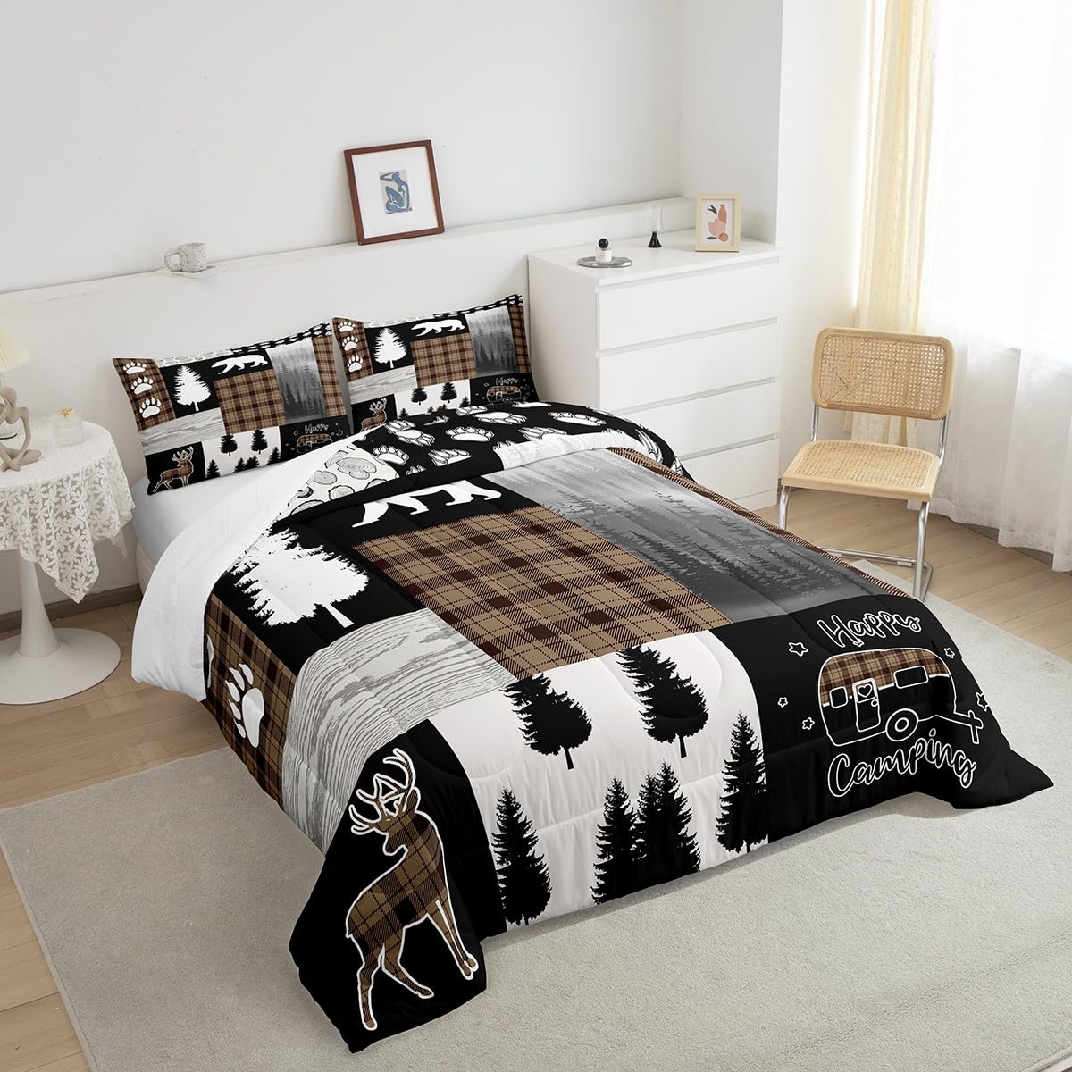 Bear Kids Comforter Set Full Size,Deer Hunting Woodland Rustic Cabin Bedding Set for Boys Girls Adult,Camping Adventure Geometric Plaid Patchwork Down Comforter,Pine Tree Xmas Duvet Insert Brown Black