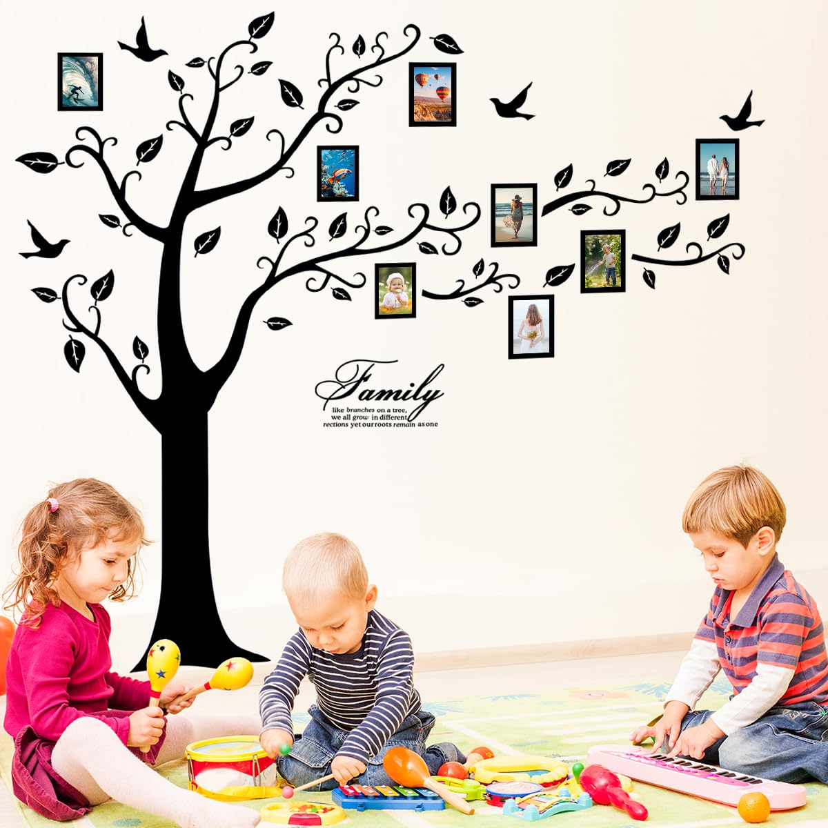 Large Family Photo Tree Wall Sticker 3D Peel and Stick Vinyl Photo Frame Tree Wall Decals Removable Quotes Leaf and Birds Wall Decor for Home Kids Bedroom Living Room Classroom Nursery (Right, Black)