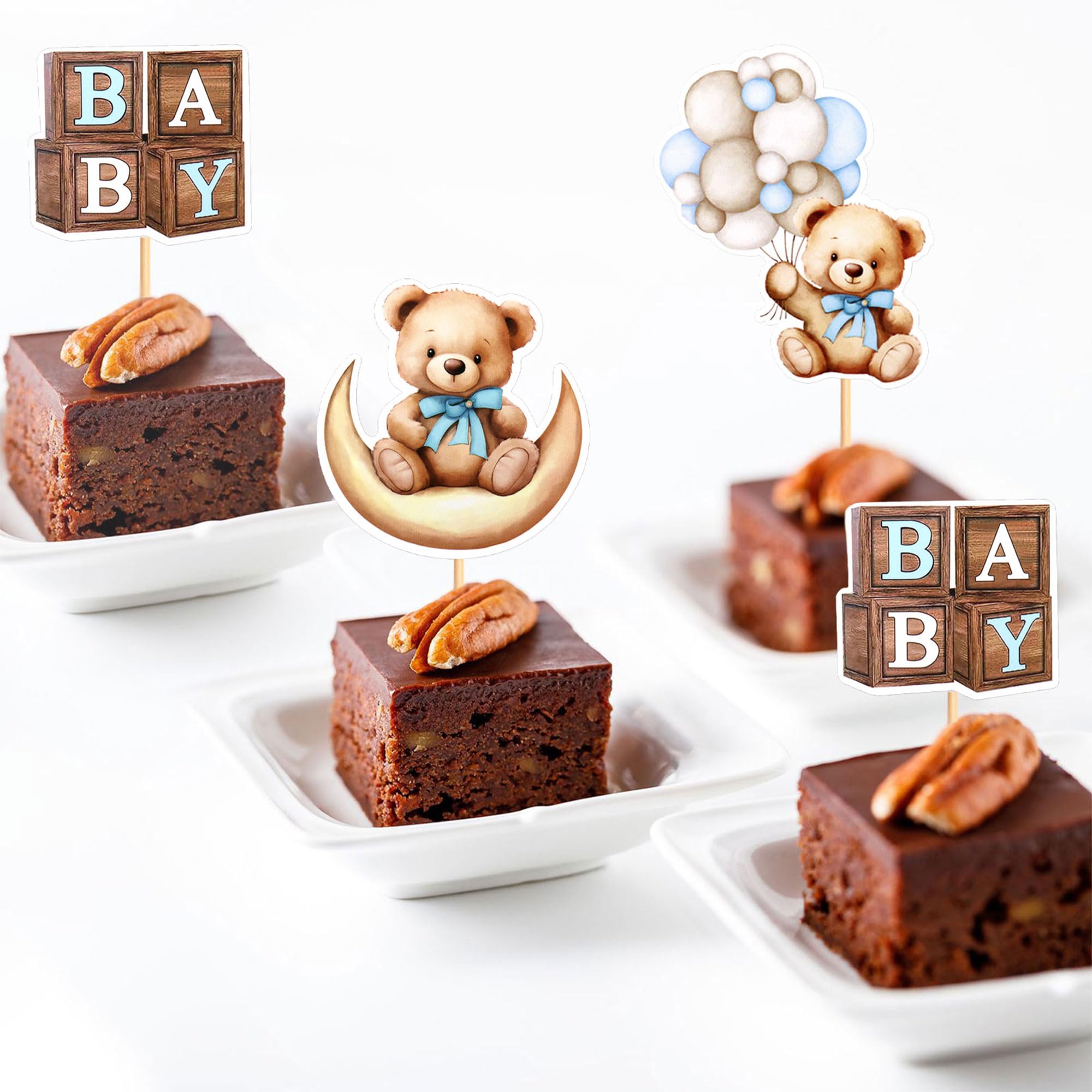 Cyodoos 36 PCS Baby Shower Bear Cupcake Toppers Selection Baby Bear Theme Baby Shower Decorative Supplies Jungle Animal Theme Baby Shower Birthday Party Cake Decorative Supplies blue