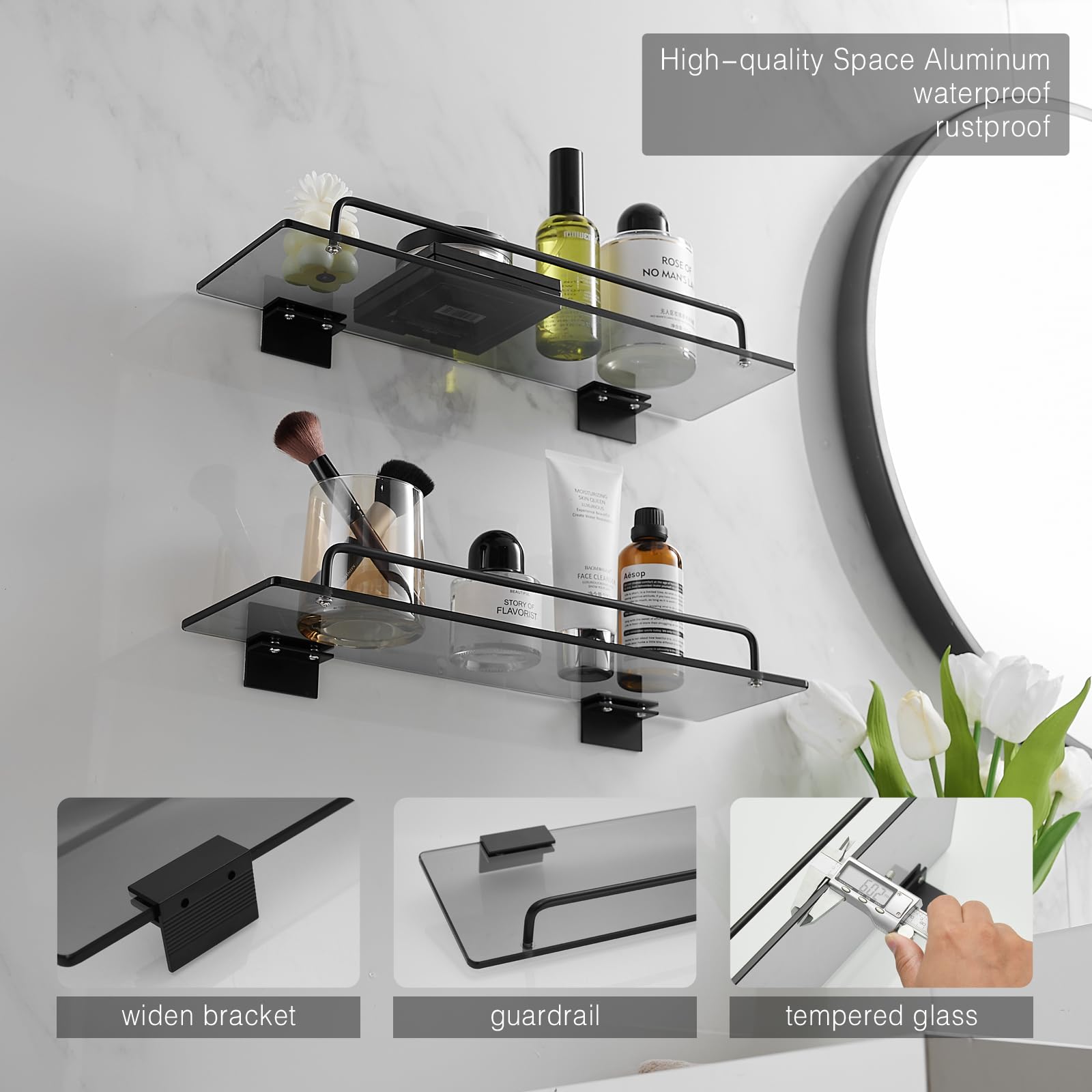 Voldra 2 Pack Bathroom Glass Shelf 15.7In Bathroom Shelves Wall Mounted Tempered Glass Shelf with Rail Floating Shelves Bathroom(Black)