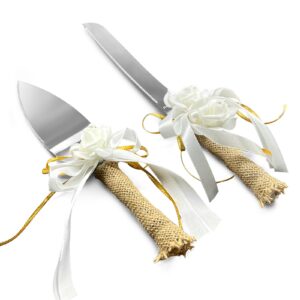 woodounai 2 pcs wedding cake knife and server set wedding cake toppers rustic style cake cutting set for wedding with burlap flower design (flower)