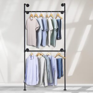 toriexon industrial pipe clothing rack metal, minimalist retro walk-in closet system, heavy duty wall mounted industrial pipe closet organizer (2 tier, 88.58" h x 39.37”w x 9.84" d)