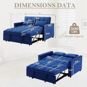 3 in 1 Convertible Sleeper Sofa Couch with Pull Out Bed,55" Velvet Upholstered Futon Sofa Bed,Modern Loveseat Sleeper Chaise with Adjustable Backrest for Living Room, Guest Room, Apartment(Blue)