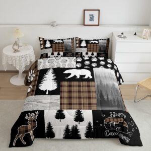 bear kids comforter set full size,deer hunting woodland rustic cabin bedding set for boys girls adult,camping adventure geometric plaid patchwork down comforter,pine tree xmas duvet insert brown black