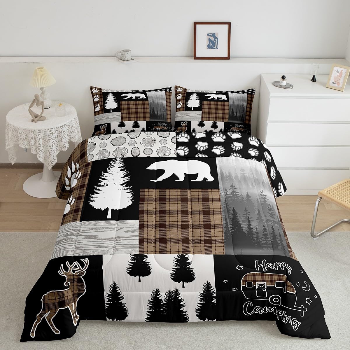 Bear Kids Comforter Set Full Size,Deer Hunting Woodland Rustic Cabin Bedding Set for Boys Girls Adult,Camping Adventure Geometric Plaid Patchwork Down Comforter,Pine Tree Xmas Duvet Insert Brown Black