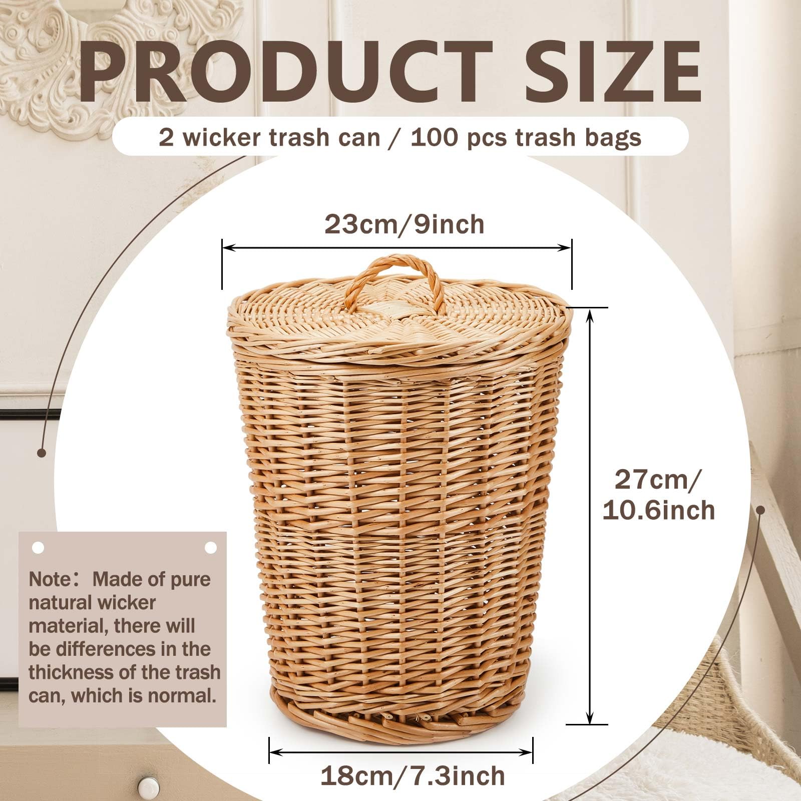 Maxcheck 2 Pcs Wicker Trash Can with 100 Plastic Trash Bag Wicker Waste Woven Basket with Lids and Garbage Bags for Bathroom Kitchen Bedroom Office Bedroom Kitchen Laundry Supplies