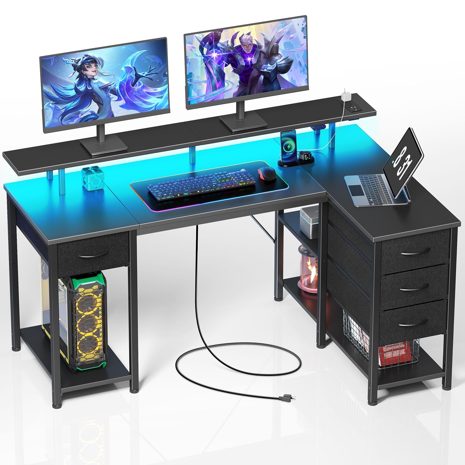 Seventable Gaming Desk with Drawers, 55.1 Inch L Shaped Desk with Storage Shelves, Small Office Desk with LED Lights & Power Outlets, Black Corner Computer Desk with Monitor Stand for Bedroom