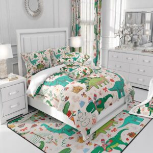 Cute Dinosaur Duvet Cover Set Full Size,Christmas Theme Dinosaur Bedding Set 3Pcs for Kids Girls Boys,Cartoon Xmas Tree Snowman Comforter Cover Xmas Animal Quilt Cover Teens Room Decor,2 Pillowcases