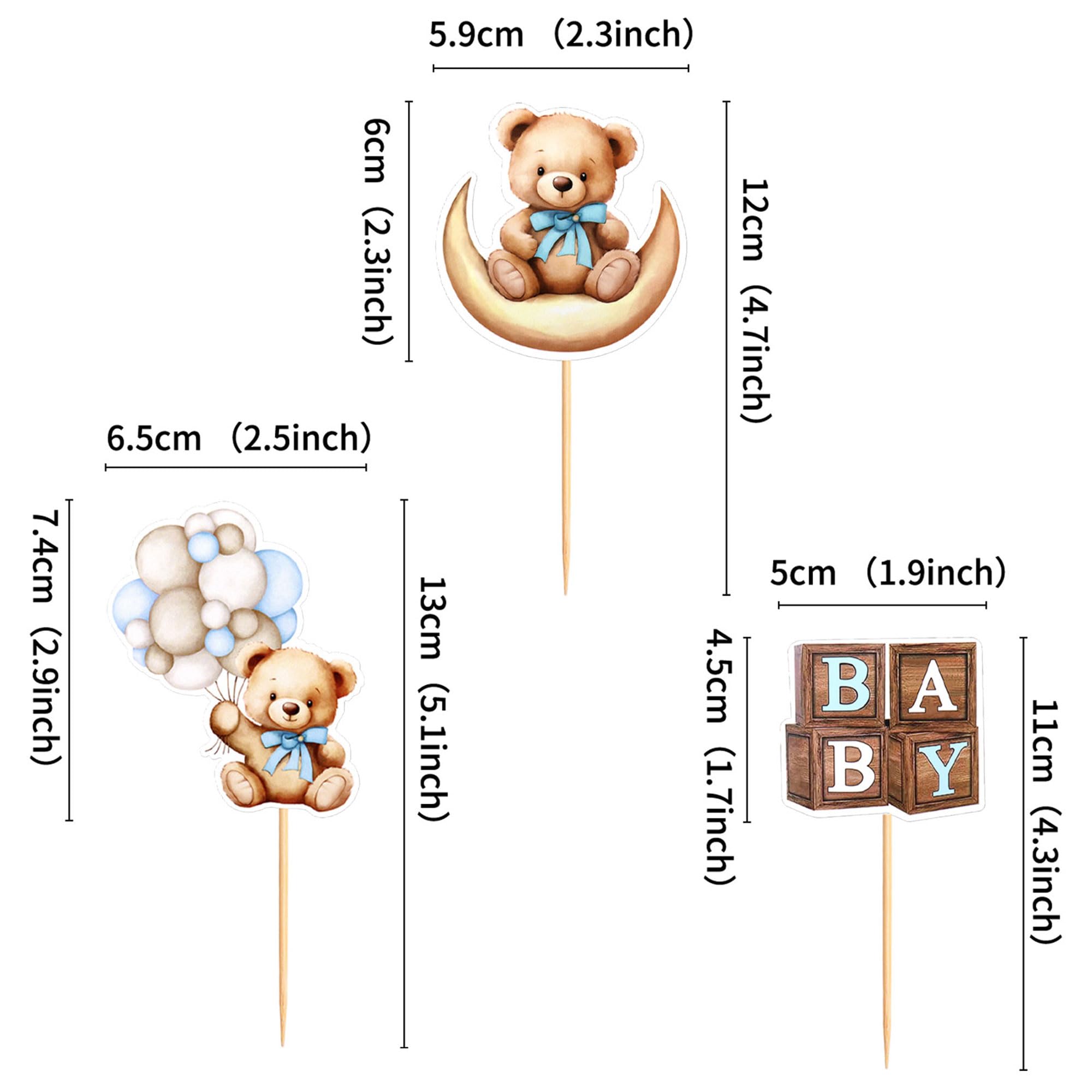 Cyodoos 36 PCS Baby Shower Bear Cupcake Toppers Selection Baby Bear Theme Baby Shower Decorative Supplies Jungle Animal Theme Baby Shower Birthday Party Cake Decorative Supplies blue