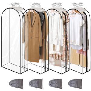 anboo 60" long garment bags for hanging clothes, 10" gusseted waterproof all clear garment bags for storage, hanging garment bag with smooth side zipper for shirts, coat, jacket, dresses, 4 pcs