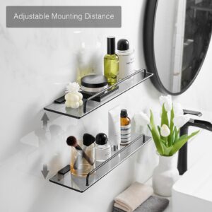 Voldra 2 Pack Bathroom Glass Shelf 15.7In Bathroom Shelves Wall Mounted Tempered Glass Shelf with Rail Floating Shelves Bathroom(Black)