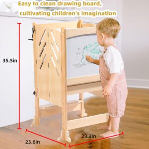 Foldable Toddler Kitchen Step Stool with 5-Level Height Adjustment，with Keeper and Graffiti Drawing Board .Wooden Toddler Tower for Toddlers Over 18 Months Old .（Natural）