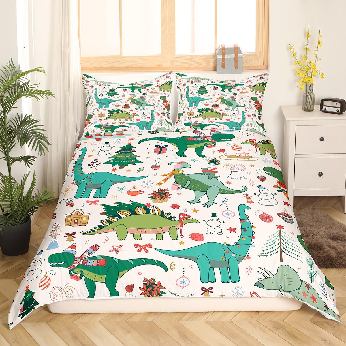 Cute Dinosaur Duvet Cover Set Full Size,Christmas Theme Dinosaur Bedding Set 3Pcs for Kids Girls Boys,Cartoon Xmas Tree Snowman Comforter Cover Xmas Animal Quilt Cover Teens Room Decor,2 Pillowcases