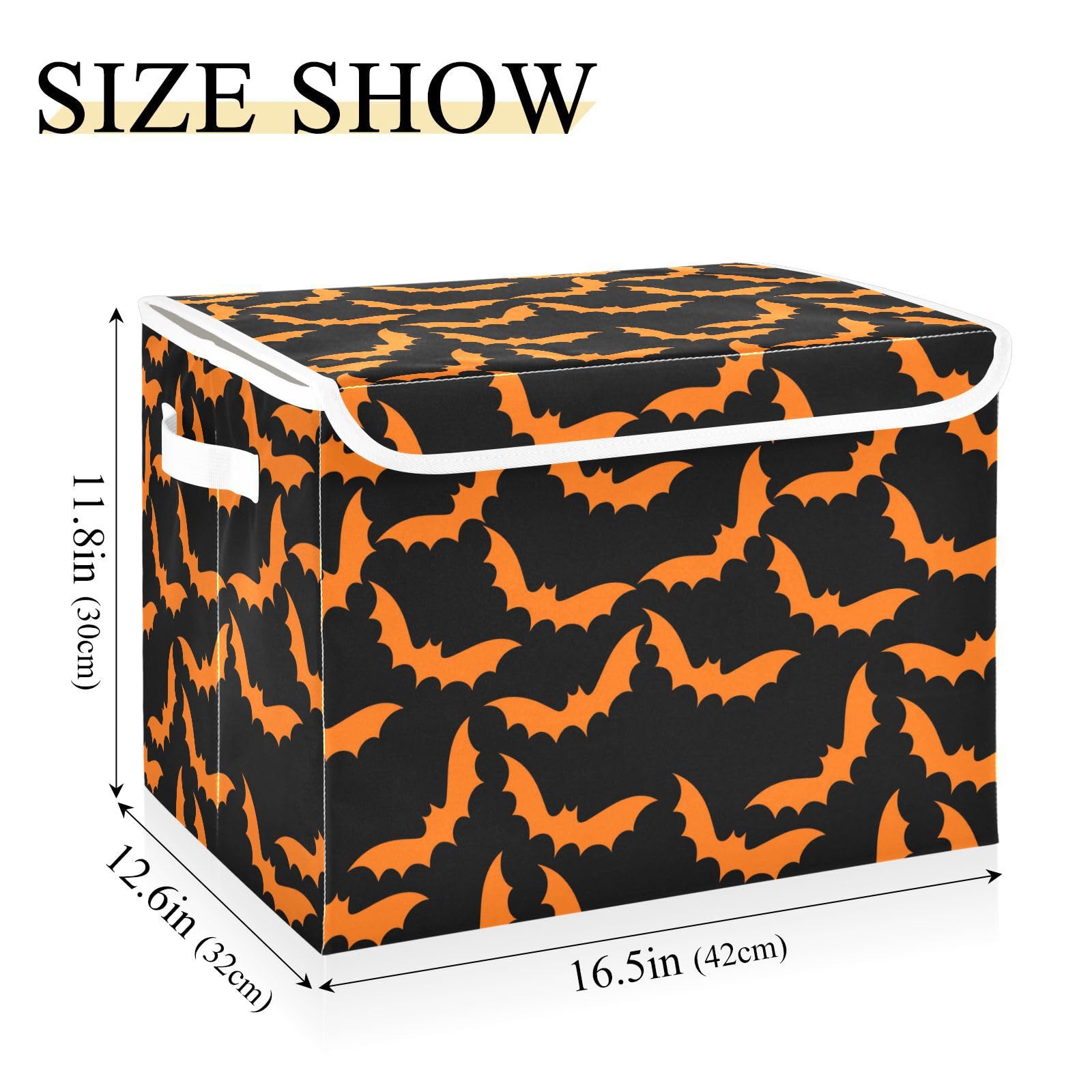 Storage Bins with Lid Orange Bat Halloween Black Toys Fabric Storage Basket Large Collapsible Organizers Bedroom Storage Boxes Cubes and Handles for Clothes Office Shelves