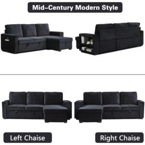 INSTORY Mid-Century Modern Velvet Sofa Sectional L-Shaped Sofa Pull Out SofaBed Convertible Sleeper Sofa Bed with Storage Chaise & USB for Living Room - Black