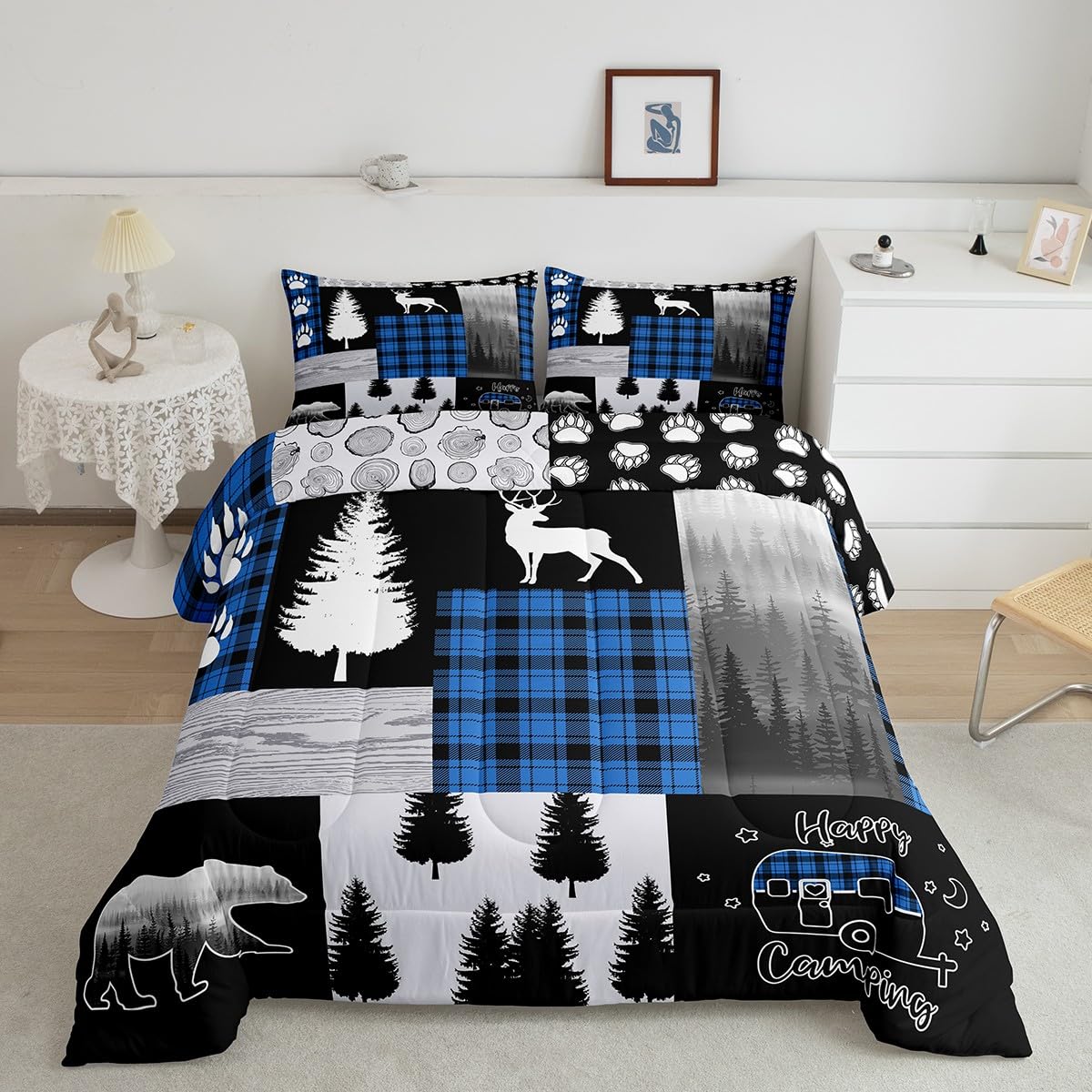 Deer Kids Comforter Set Full Size,Bear Hunting Woodland Rustic Cabin Bedding Set for Boys Girls Adult,Camping Adventure Geometric Plaid Patchwork Down Comforter,Pine Tree Xmas Duvet Insert Blue Black