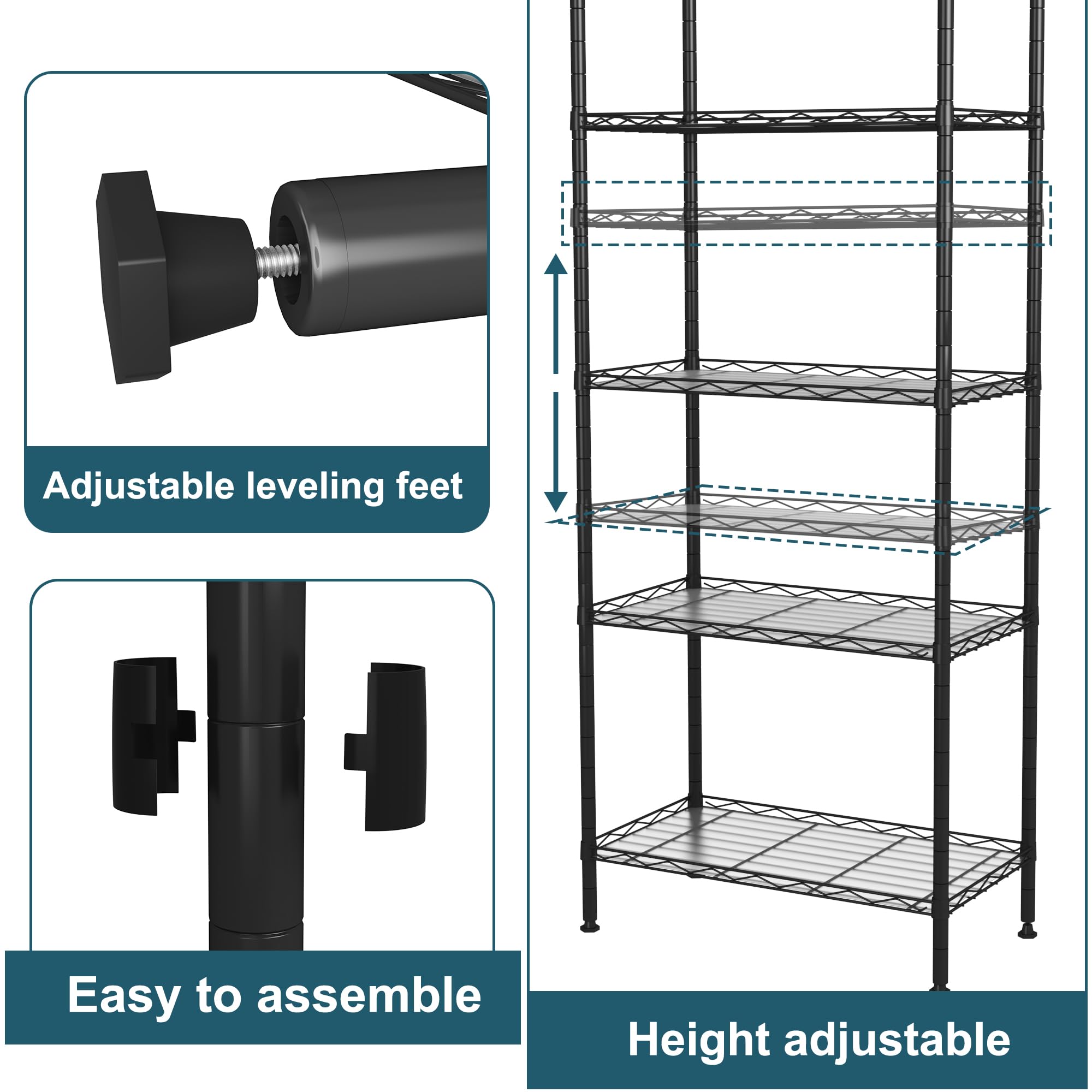 HOMEFORT 6-Shelving Unit, Adjustable Wire Shelving, Metal Wire Shelf with Shelf Liners and Hooks for Kitchen, Closet, Bathroom, Laundry, Black,21" W x 11" D x 69" H