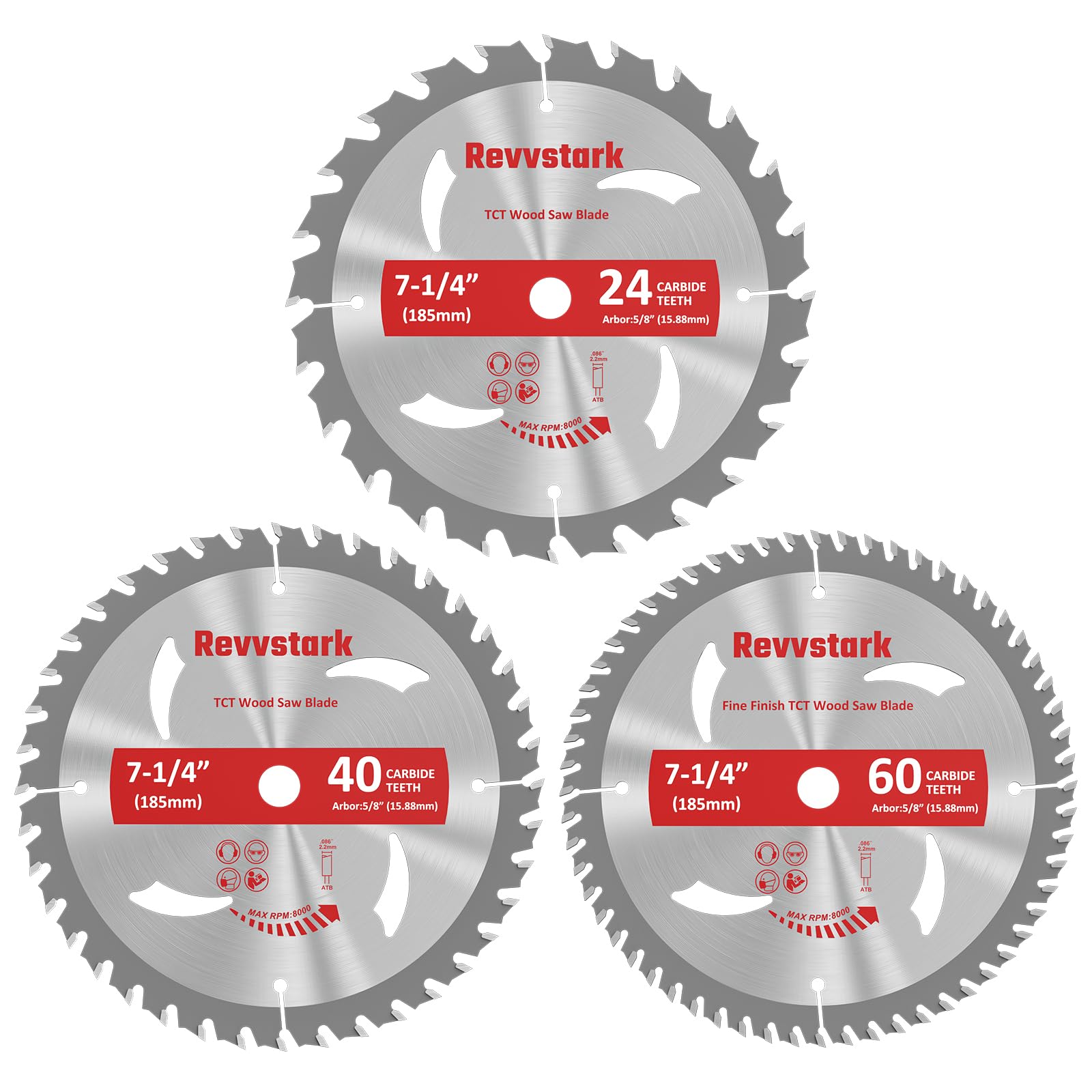 3 Pack 7 1/4 Circular Saw Blade 24T&40T&60T Combo, TCT ATB 24T Framing, 40T Ripping & Crosscutting, 60T Finish Saw Blade for Various Wood Cutting, 5/8" Arbor, Fit Dewalt Craftsman Ryobi Milwaukee