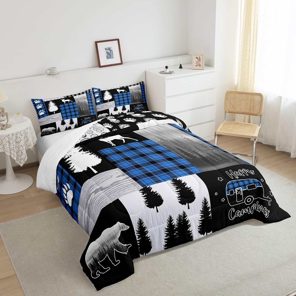 Deer Kids Comforter Set Full Size,Bear Hunting Woodland Rustic Cabin Bedding Set for Boys Girls Adult,Camping Adventure Geometric Plaid Patchwork Down Comforter,Pine Tree Xmas Duvet Insert Blue Black