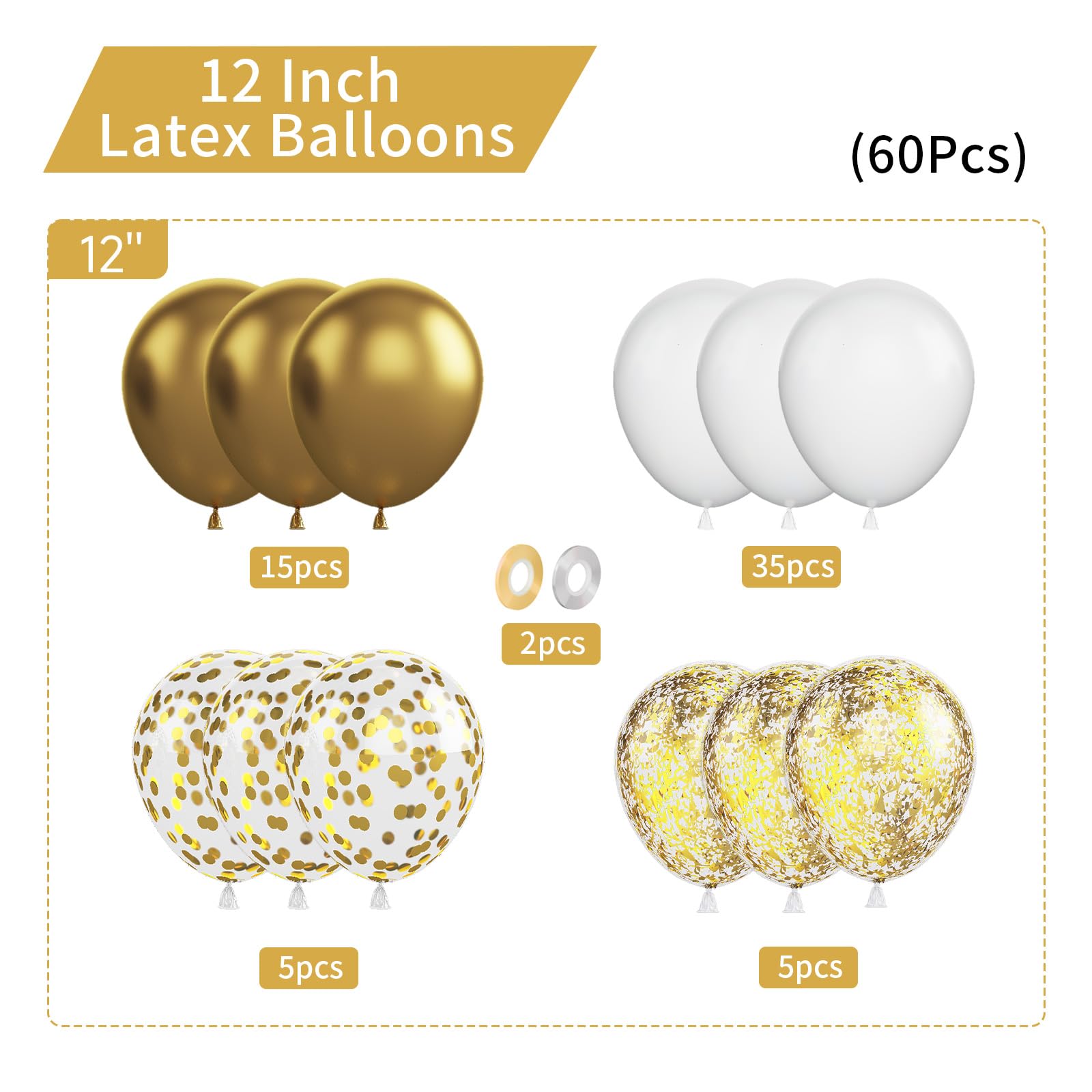 GREMAG White and Gold Balloons, 12inch Metallic Gold White Confetti Gold Balloon Kit with Ribbons, 60Pcs Latex Balloons for Birthday Wedding Engagement Bridal Shower Anniversary Graduation Baby Shower