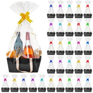 tuanse 30 pcs basket for gift empty diy bulk gift basket kit with handle kraft cardboard tray with 30 bag 30 bow market tray for birthday wedding party gift(black,12.6 x 9.8 x 5.9 in)