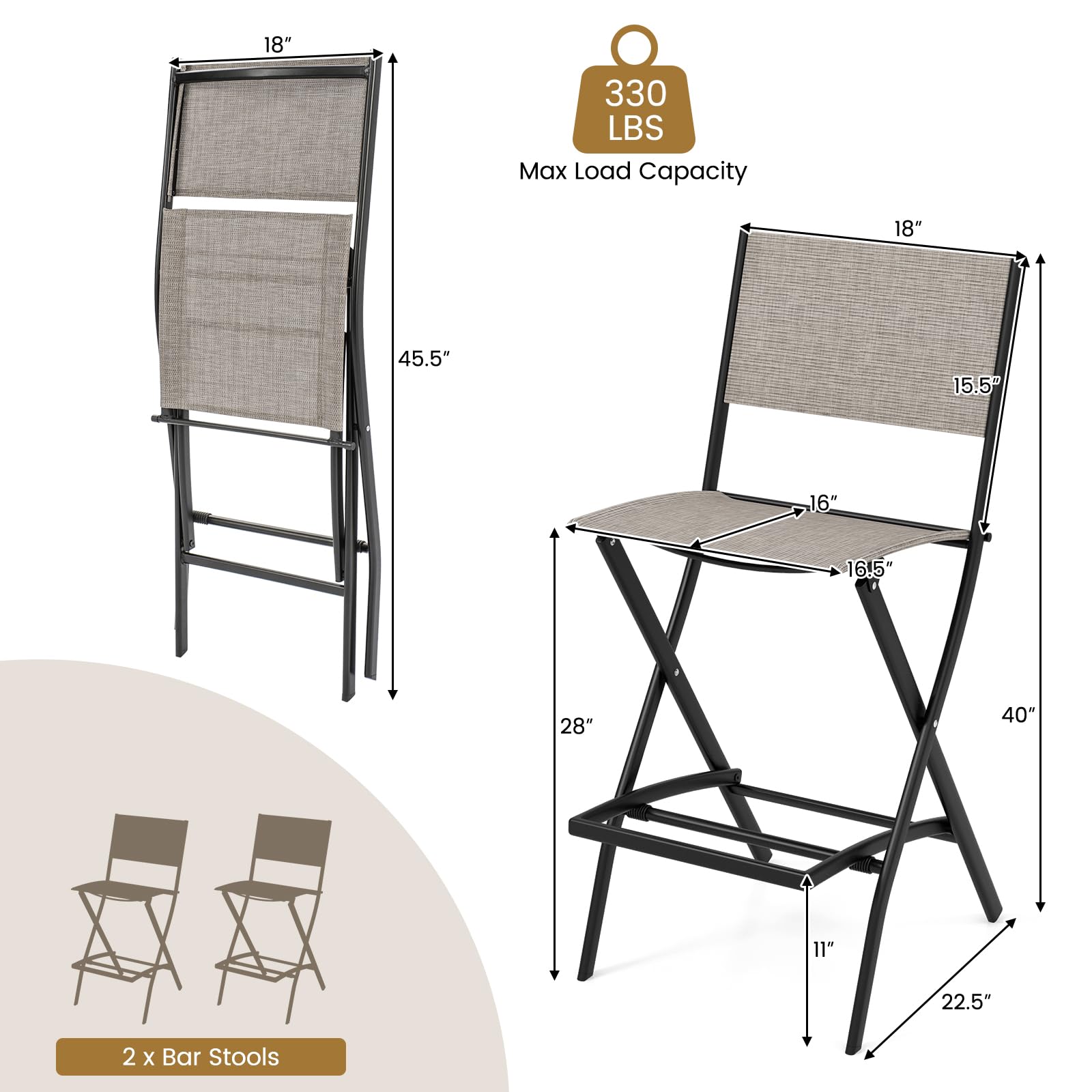 COSTWAY Outdoor Patio Bar Chair Set of 2, Folding Bar Height Stool with Metal Frame & Footrest, Patio Bar Stool for Balcony, Garden & Poolside (2, Coffee)