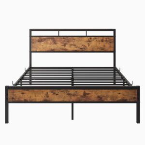 ZGEHCO Full Size Bed Frame with Headboard Storage,Wood Bed Frame with Charging Station,Platform Bed Frame Full Mattress Foundation No Box Spring Needed,Heavy Duty Steel Slat,Black&Brown Oak