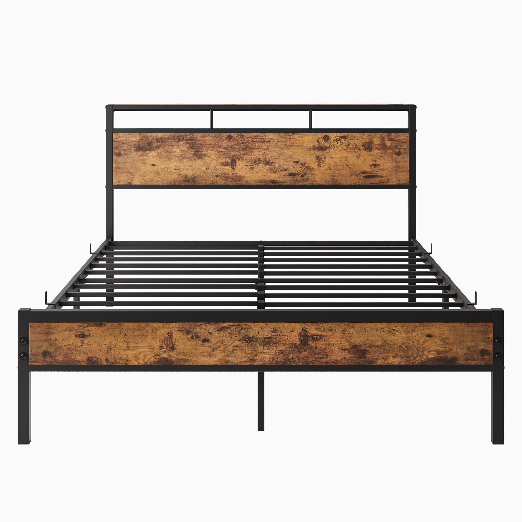 ZGEHCO Full Size Bed Frame with Headboard Storage,Wood Bed Frame with Charging Station,Platform Bed Frame Full Mattress Foundation No Box Spring Needed,Heavy Duty Steel Slat,Black&Brown Oak