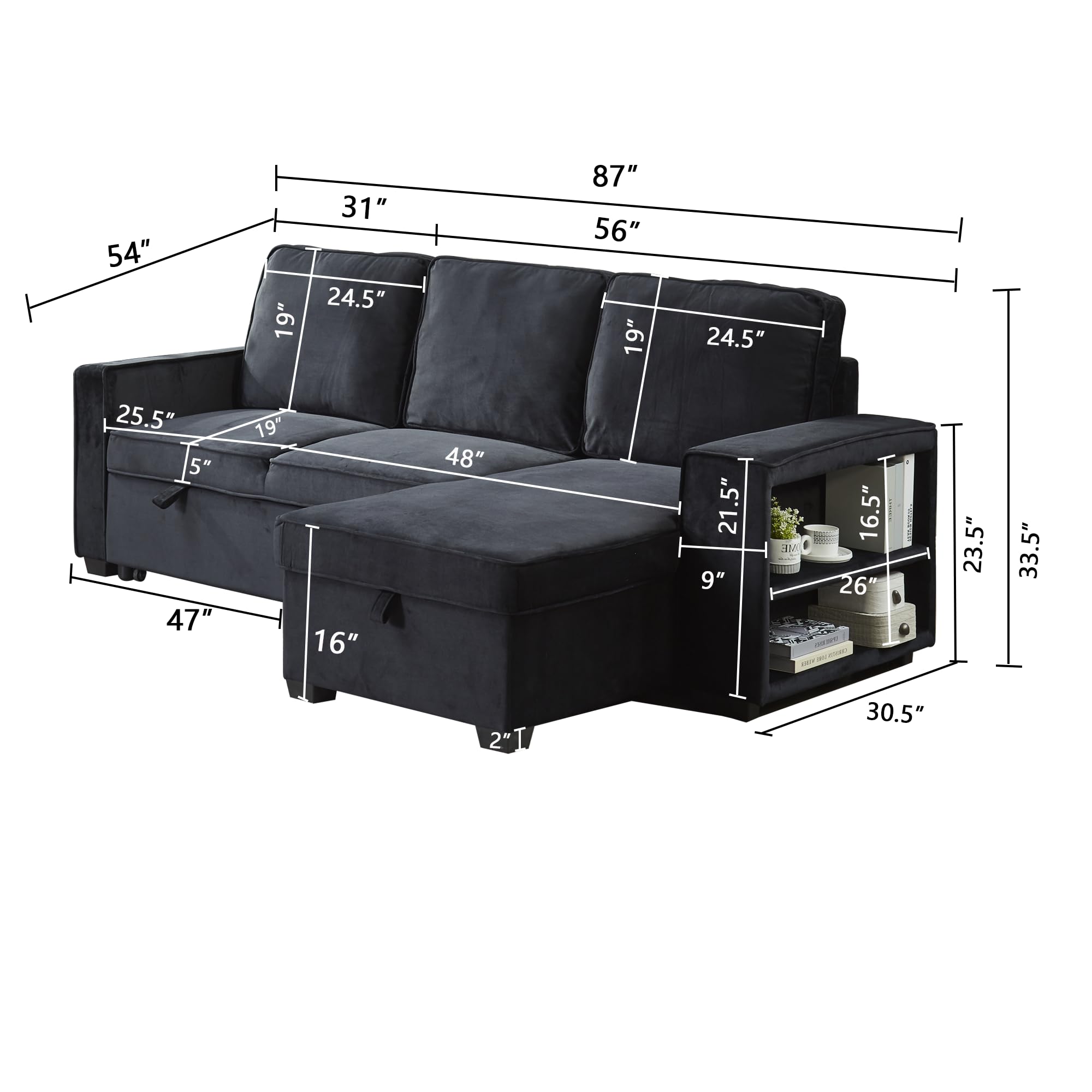 INSTORY Mid-Century Modern Velvet Sofa Sectional L-Shaped Sofa Pull Out SofaBed Convertible Sleeper Sofa Bed with Storage Chaise & USB for Living Room - Black