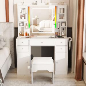 White Vanity Desk with LED Mirror,Makeup Vanity with Charging Station & RGB Lights,5 Drawers 4 Shelves Makeup Desk Vanity Table Stool Set with Glass Table Top & Time Display Lights, White