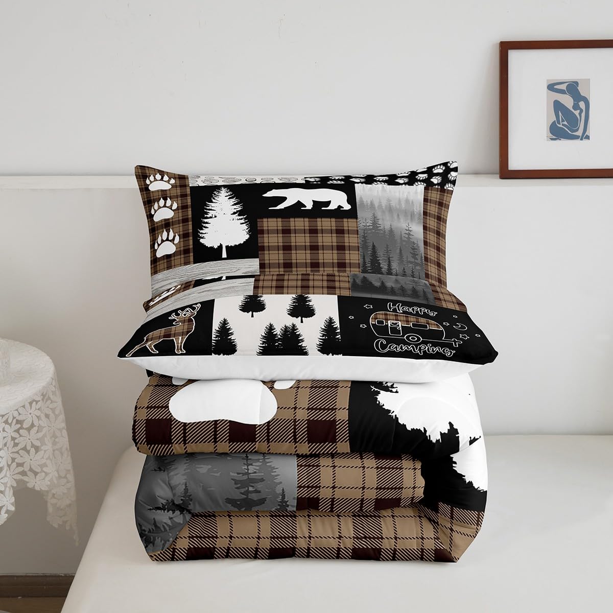 Bear Kids Comforter Set Full Size,Deer Hunting Woodland Rustic Cabin Bedding Set for Boys Girls Adult,Camping Adventure Geometric Plaid Patchwork Down Comforter,Pine Tree Xmas Duvet Insert Brown Black