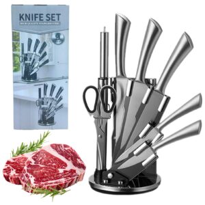 chef knife set - 8 pack stainless steel knife set kitchen knife sets with block, sharp kitchen knives comfortable to grip cooking knife set with sharpener and 360° rotating block