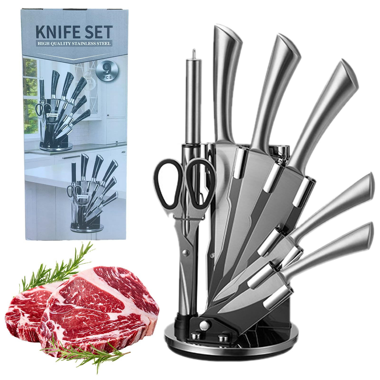 Chef Knife Set - 8 Pack Stainless Steel Knife Set Kitchen Knife Sets with Block, Sharp Kitchen Knives Comfortable to Grip Cooking Knife Set with Sharpener and 360° Rotating Block