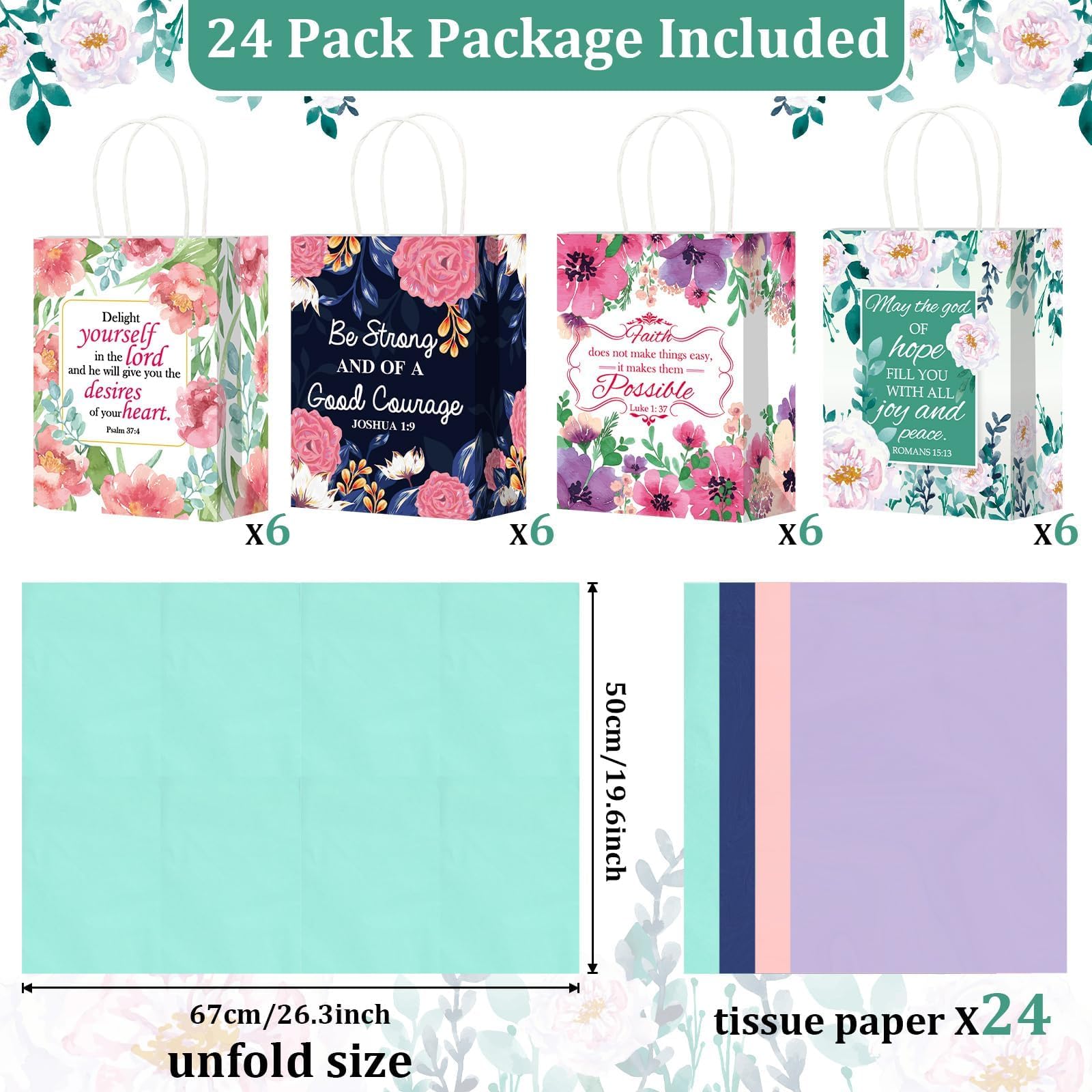 24 Pcs Religious Gift Bags Bible Gift Paper Bags with 24 Tissues Bible Verse Paper Bags with Handles Inspirational Flower Christian Gift Bags for Girls Birthday Wedding Party Baptism Spring Favors