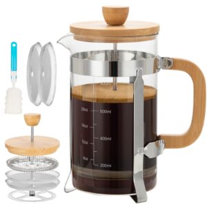 ymmind 34 ounces french press coffee maker, durable bamboo lid handle coffee press, 4 filters system, heat resistant thickness borosilicate glass beaker, bpa-free tea pot coffee plunger