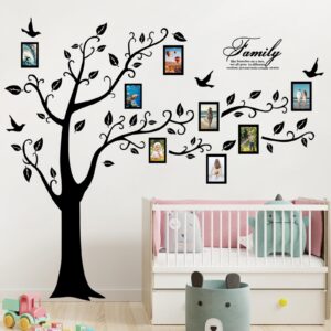 large family photo tree wall sticker 3d peel and stick vinyl photo frame tree wall decals removable quotes leaf and birds wall decor for home kids bedroom living room classroom nursery (right, black)