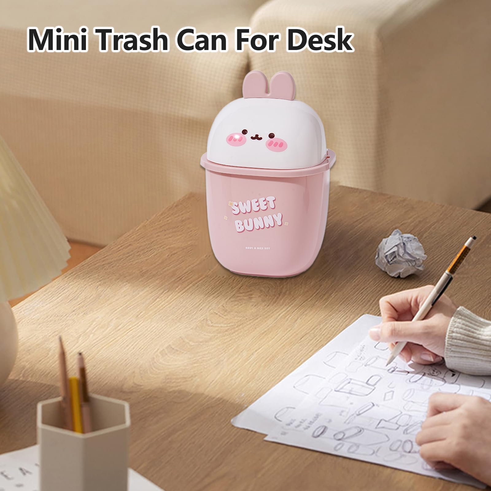 Benshukam Mini Trash Can with Lid Cute Rabbit Desktop Flip Small Trash Can 0.35 Gallons Countertop Garbage Cans for Bathrooms, Kitchens, Offices, Waste Basket for Dressing Table (White)