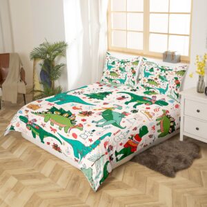 Cute Dinosaur Duvet Cover Set Full Size,Christmas Theme Dinosaur Bedding Set 3Pcs for Kids Girls Boys,Cartoon Xmas Tree Snowman Comforter Cover Xmas Animal Quilt Cover Teens Room Decor,2 Pillowcases