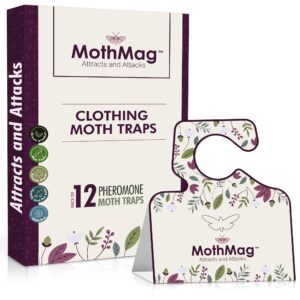 mothmag moth traps for clothes, closets, fabrics, and carpets, clothes moth traps, closet moth traps, clothing moth pheromone traps, mothballs alternative, moth repellent for closets (12 pack)