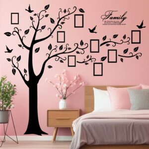 Large Family Photo Tree Wall Sticker 3D Peel and Stick Vinyl Photo Frame Tree Wall Decals Removable Quotes Leaf and Birds Wall Decor for Home Kids Bedroom Living Room Classroom Nursery (Right, Black)