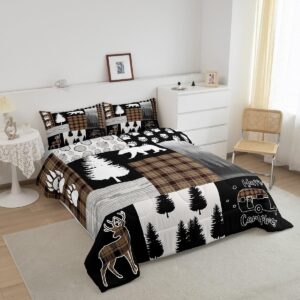 Bear Kids Comforter Set Full Size,Deer Hunting Woodland Rustic Cabin Bedding Set for Boys Girls Adult,Camping Adventure Geometric Plaid Patchwork Down Comforter,Pine Tree Xmas Duvet Insert Brown Black