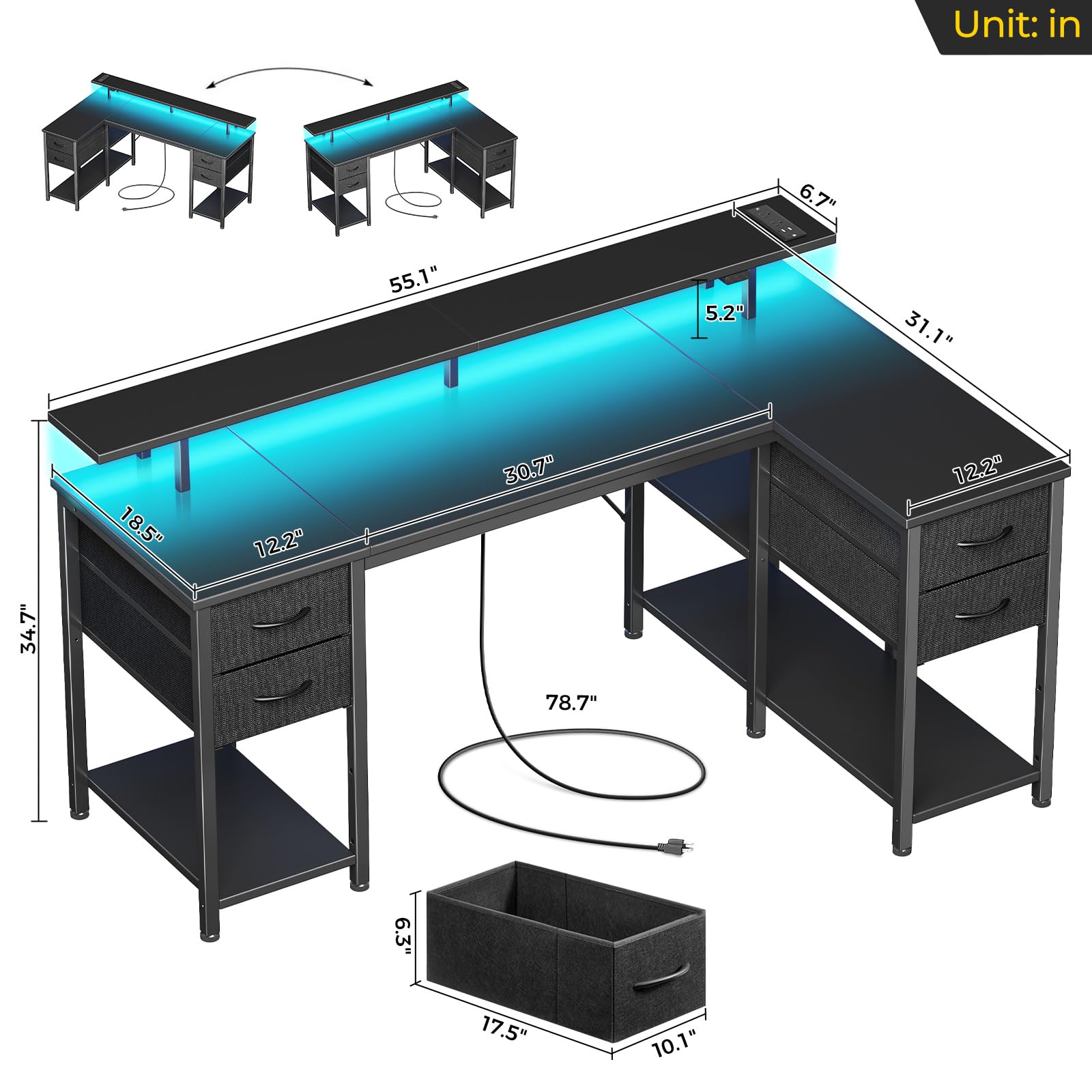 Seventable Gaming Desk with Drawers, 55.1 Inch L Shaped Desk with Storage Shelves, Small Office Desk with LED Lights & Power Outlets, Black Corner Computer Desk with Monitor Stand for Bedroom